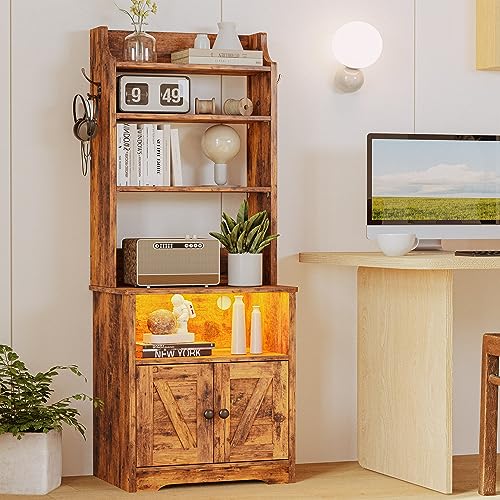 LIKIMIO 55.1" Tall Nightstand with LED Lights and Charging Station, Bedside Table and Bookshelf 2 in 1, End Side Stand with Storage Cabinet, Vintage Brown