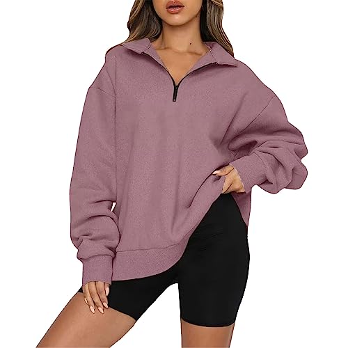 Women Half Zip Oversized Sweatshirts Long Sleeve Drop Shoulder Fleece Workout Hoodies Pullover Y2K Clothes(Watermelon Red,Large)