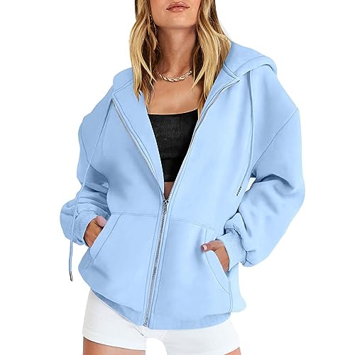 Bloderetu 2023 Zip Up Hoodies For Women Fall Oversized Sweatshirt Y2K Clothing Solid Color Drawstring Jacket With Pockets (Sky Blue-2, XL)