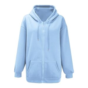 Bloderetu 2023 Zip Up Hoodies For Women Fall Oversized Sweatshirt Y2K Clothing Solid Color Drawstring Jacket With Pockets (Sky Blue-2, XL)