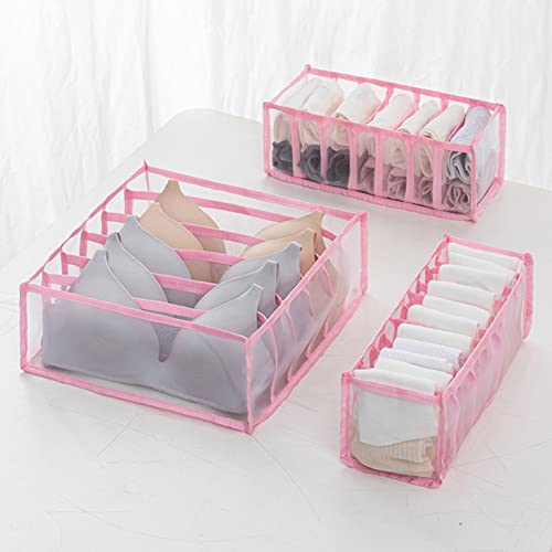 [US Warehouse] Farinull Drawer Underwear Organizer Dividers, Nylon Foldable Wardrobe Organizers and Storage Boxes for Lingerie, Bra, Socks, Underwear, Ties, Scarves, 3 Styles (3pcs-Pink)