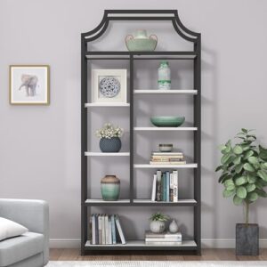 Loomie 8-Open Shelf Bookshelf, 70.87" H x 31.5" L Lux Etagere Bookcase, Tall Storage Display Modern Open Book Case for Bedroom, Home Office & Living Room, Black Finish Metal Frame & White Shelving