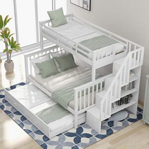 BIADNBZ Stairway Twin Over Full Bunk Bed with Trundle,Guardrail for Bedroom/Dorm/Adults, White