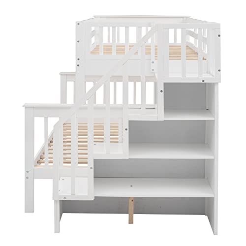 BIADNBZ Stairway Twin Over Full Bunk Bed with Trundle,Guardrail for Bedroom/Dorm/Adults, White