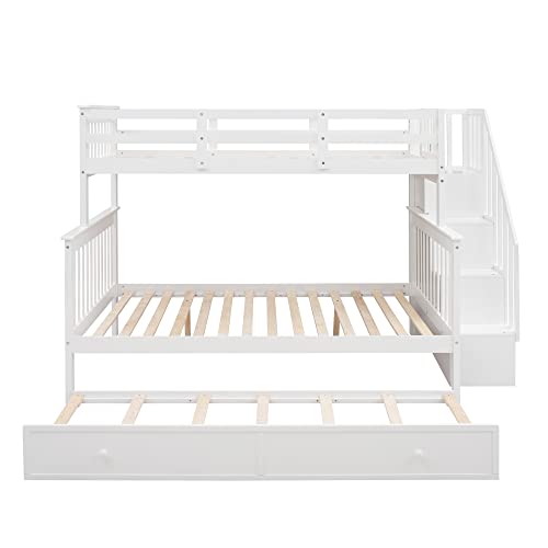 BIADNBZ Stairway Twin Over Full Bunk Bed with Trundle,Guardrail for Bedroom/Dorm/Adults, White