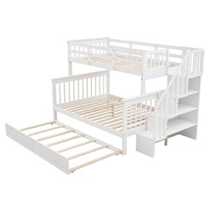 BIADNBZ Stairway Twin Over Full Bunk Bed with Trundle,Guardrail for Bedroom/Dorm/Adults, White