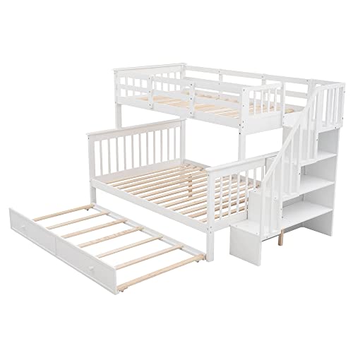 BIADNBZ Stairway Twin Over Full Bunk Bed with Trundle,Guardrail for Bedroom/Dorm/Adults, White