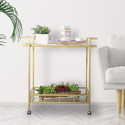 VLOBAOM Home Bar Serving Cart, Gold Rolling Serving Cart with Lockable Wheels, Mobile Home Coffee Station Drink Beverage Cart,30''Dx17''Wx31''H,Gold