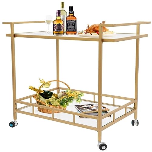 VLOBAOM Rolling Bar Cart for Home, Beverage Cart with Storage Shelf, Mobile Shelving Unit Rolling Utility Cart, Kitchen Serving Trolley,30''Dx17''Wx31''H,Gold