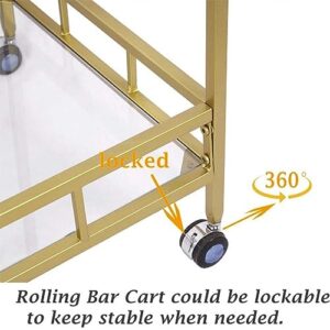 VLOBAOM Rolling Bar Cart for Home, Beverage Cart with Storage Shelf, Mobile Shelving Unit Rolling Utility Cart, Kitchen Serving Trolley,30''Dx17''Wx31''H,Gold