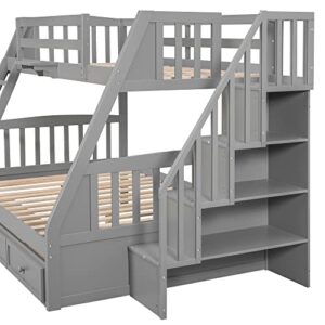 BIADNBZ Twin Over Full Bunk Bed with Stairs, Storage Drawers and Ladder, Wooden Detachable Bunkbed Convertible into 2Beds for Kids Teens Adults Bedroom, Gray