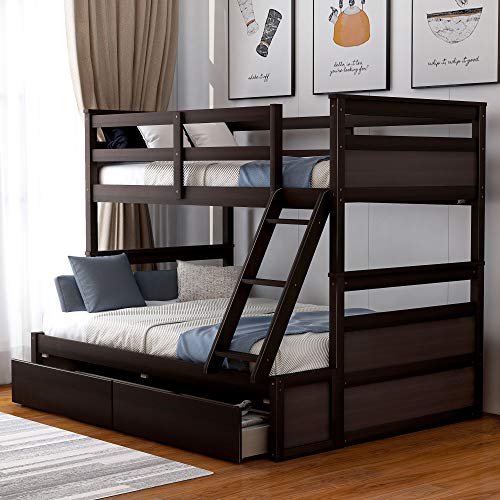 TARTOP Bunk Bed with Drawers, Twin Over Full Bunk Bed, Solid Wood Bunk Bed Frame with Ladders & 2 Storage Drawers, Bedroom Furniture,Espresso