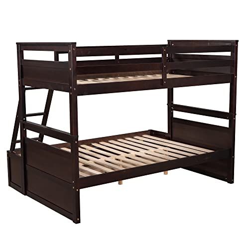 TARTOP Bunk Bed with Drawers, Twin Over Full Bunk Bed, Solid Wood Bunk Bed Frame with Ladders & 2 Storage Drawers, Bedroom Furniture,Espresso