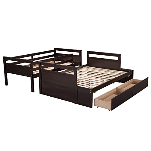 TARTOP Bunk Bed with Drawers, Twin Over Full Bunk Bed, Solid Wood Bunk Bed Frame with Ladders & 2 Storage Drawers, Bedroom Furniture,Espresso