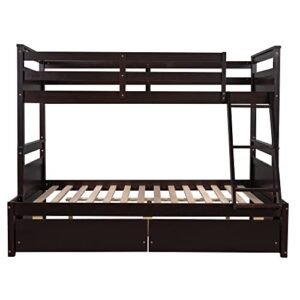 TARTOP Bunk Bed with Drawers, Twin Over Full Bunk Bed, Solid Wood Bunk Bed Frame with Ladders & 2 Storage Drawers, Bedroom Furniture,Espresso