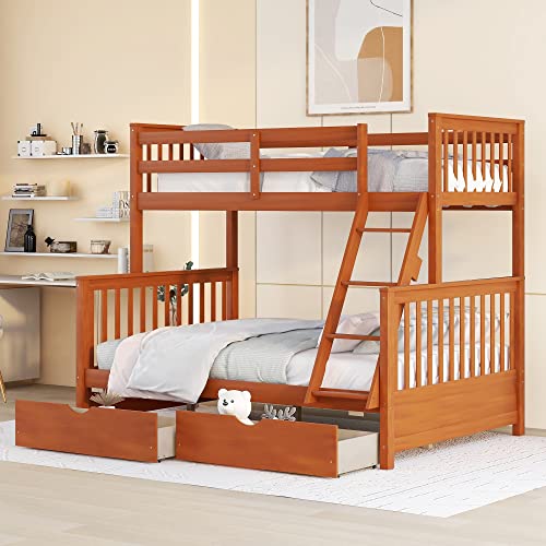 TARTOP Bunk Bed with Drawers, Twin Over Full Bunk Bed, Solid Wood Bunk Bed Frame with Ladders & 2 Storage Drawers, Bedroom Furniture,Walnut