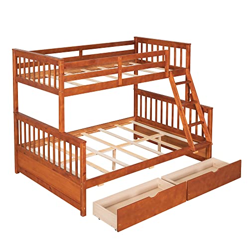 TARTOP Bunk Bed with Drawers, Twin Over Full Bunk Bed, Solid Wood Bunk Bed Frame with Ladders & 2 Storage Drawers, Bedroom Furniture,Walnut