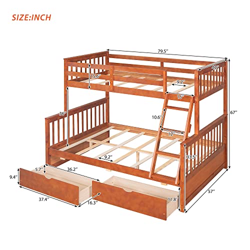 TARTOP Bunk Bed with Drawers, Twin Over Full Bunk Bed, Solid Wood Bunk Bed Frame with Ladders & 2 Storage Drawers, Bedroom Furniture,Walnut