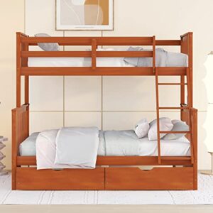 TARTOP Bunk Bed with Drawers, Twin Over Full Bunk Bed, Solid Wood Bunk Bed Frame with Ladders & 2 Storage Drawers, Bedroom Furniture,Walnut