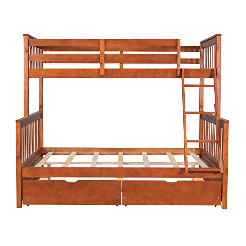 TARTOP Bunk Bed with Drawers, Twin Over Full Bunk Bed, Solid Wood Bunk Bed Frame with Ladders & 2 Storage Drawers, Bedroom Furniture,Walnut