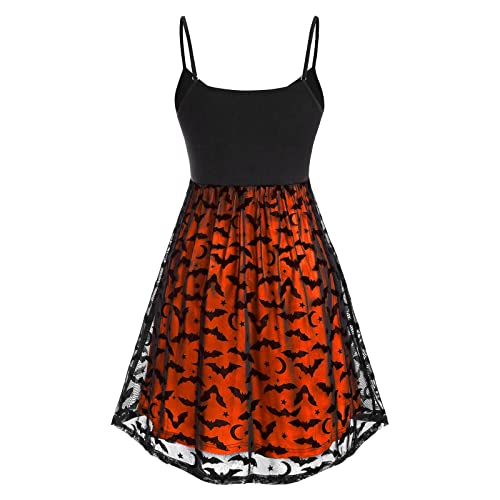 Womens Plus Size Dresses Sleeveless Bat Print Lace Halter Gothic Vintage 50s Spaghtti Strap Ruched Swing Mini Dress