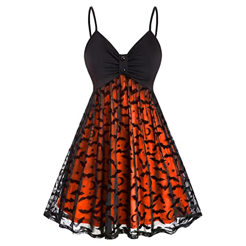 Womens Plus Size Dresses Sleeveless Bat Print Lace Halter Gothic Vintage 50s Spaghtti Strap Ruched Swing Mini Dress