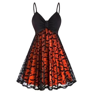 Womens Plus Size Dresses Sleeveless Bat Print Lace Halter Gothic Vintage 50s Spaghtti Strap Ruched Swing Mini Dress