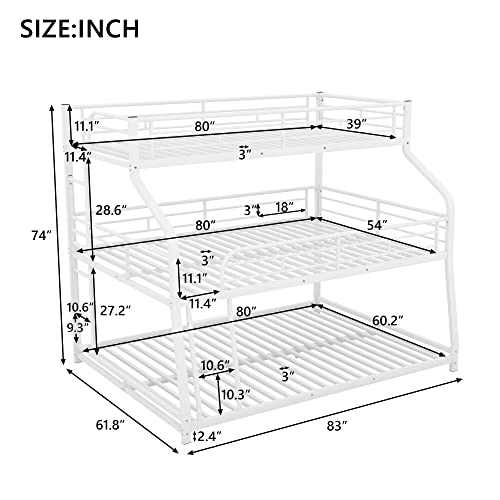 DEYOBED Twin XL Over Full XL Over Queen Metal Triple Bed Bunk Bed with Dual Ladders - Space-Saving Sleep Haven for Kids, Teens, Adults