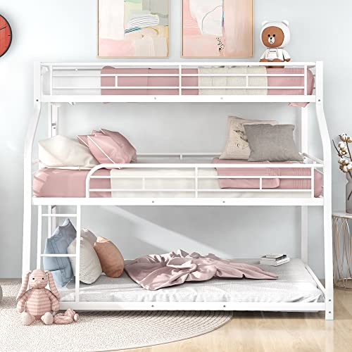 DEYOBED Twin XL Over Full XL Over Queen Metal Triple Bed Bunk Bed with Dual Ladders - Space-Saving Sleep Haven for Kids, Teens, Adults