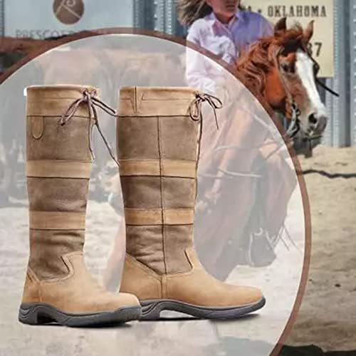 MELDVDIB Leather Riding Boots for Women Wide Calf Knee High Equestrain Boots Chunky Heel Elastic Lace Up Motorcycle Boot