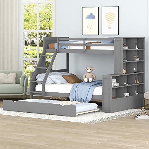 BIADNBZ Twin Over Full Bunk Bed with Trundle and Shelves Storage, Wooden Versatile Detachable BunkBed Frame for Kids Teens Adults Bedroom Dorm, Grey