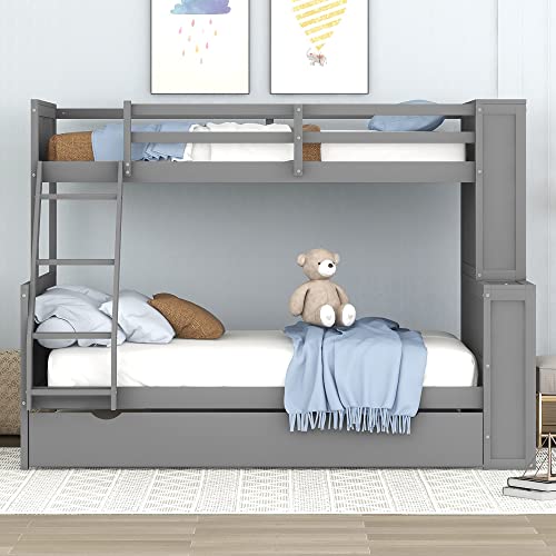 BIADNBZ Twin Over Full Bunk Bed with Trundle and Shelves Storage, Wooden Versatile Detachable BunkBed Frame for Kids Teens Adults Bedroom Dorm, Grey