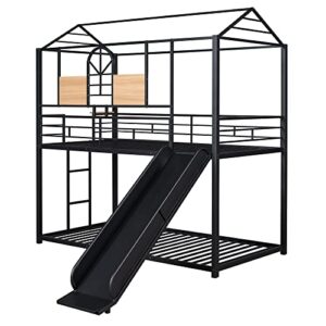 Tidyard Twin Over Twin Metal Bunk Bed,Metal Housebed with Slide,Three Colors Available.(Black with Black Slide) for Bedroom Dorm Guest Room Home Furniture