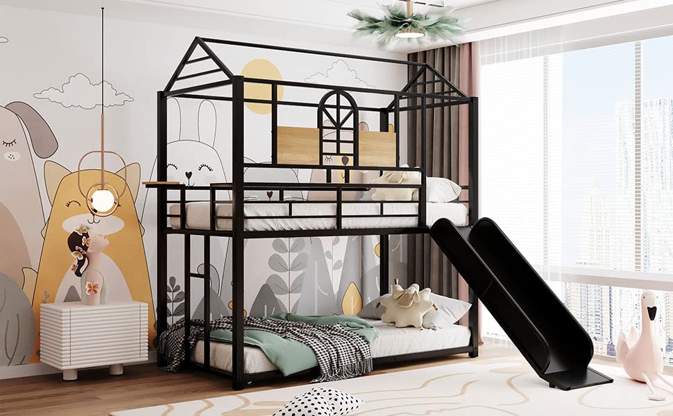 Tidyard Twin Over Twin Metal Bunk Bed,Metal Housebed with Slide,Three Colors Available.(Black with Black Slide) for Bedroom Dorm Guest Room Home Furniture