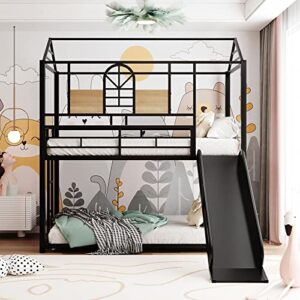 Tidyard Twin Over Twin Metal Bunk Bed,Metal Housebed with Slide,Three Colors Available.(Black with Black Slide) for Bedroom Dorm Guest Room Home Furniture