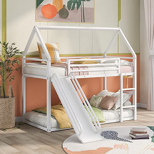 Tidyard Twin Over Twin House Bunk Bed with Ladder and Slide,White for Bedroom Dorm Guest Room Home Furniture