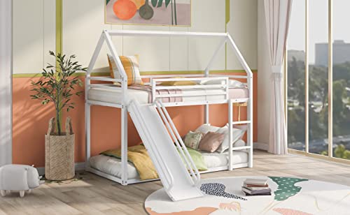 Tidyard Twin Over Twin House Bunk Bed with Ladder and Slide,White for Bedroom Dorm Guest Room Home Furniture