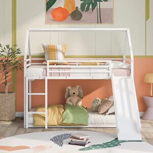 Tidyard Twin Over Twin House Bunk Bed with Ladder and Slide,White for Bedroom Dorm Guest Room Home Furniture