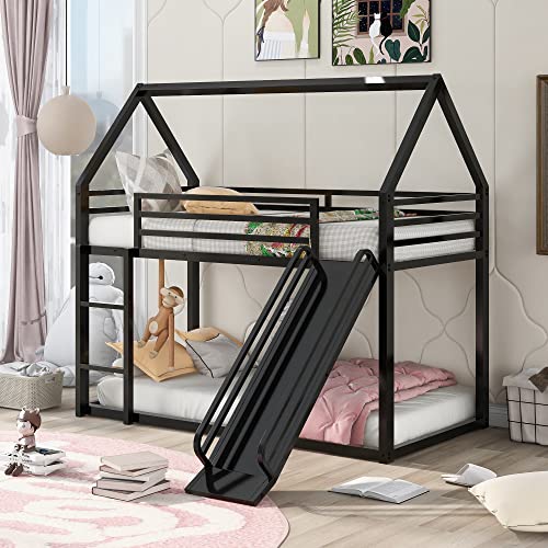 Tidyard Twin Over Twin House Bunk Bed with Ladder and Slide,Black for Bedroom Dorm Guest Room Home Furniture