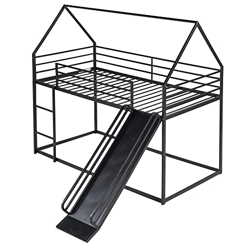 Tidyard Twin Over Twin House Bunk Bed with Ladder and Slide,Black for Bedroom Dorm Guest Room Home Furniture