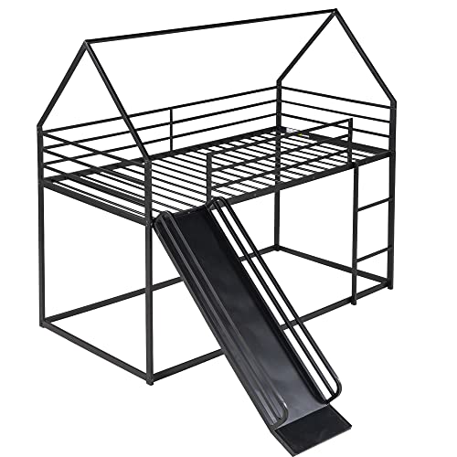 Tidyard Twin Over Twin House Bunk Bed with Ladder and Slide,Black for Bedroom Dorm Guest Room Home Furniture