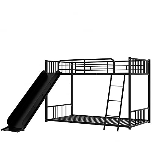 Tidyard Metal Bunk Bed with Slide, Twin Over Twin, Black for Bedroom Dorm Guest Room Home Furniture