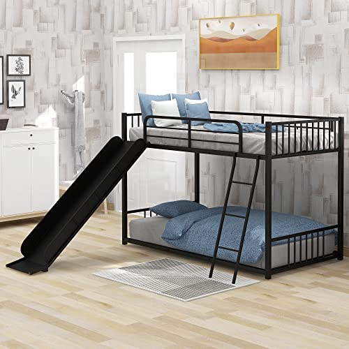 Tidyard Metal Bunk Bed with Slide, Twin Over Twin, Black for Bedroom Dorm Guest Room Home Furniture