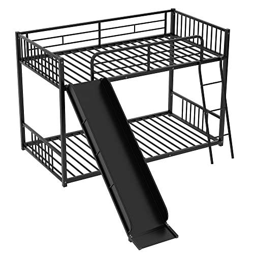 Tidyard Metal Bunk Bed with Slide, Twin Over Twin, Black for Bedroom Dorm Guest Room Home Furniture