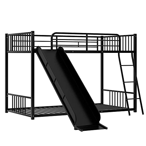 Tidyard Metal Bunk Bed with Slide, Twin Over Twin, Black for Bedroom Dorm Guest Room Home Furniture