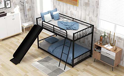 Tidyard Metal Bunk Bed with Slide, Twin Over Twin, Black for Bedroom Dorm Guest Room Home Furniture