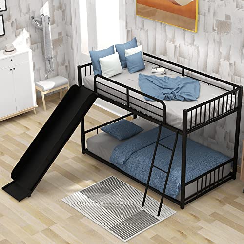 Tidyard Metal Bunk Bed with Slide, Twin Over Twin, Black for Bedroom Dorm Guest Room Home Furniture