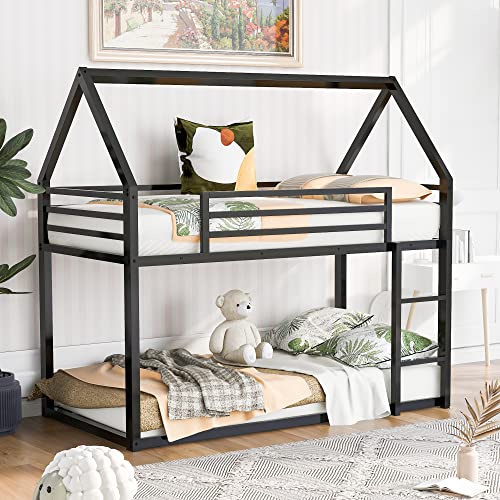 Tidyard Twin Over Twin House Bunk Bed with Built-in Ladder,Black for Bedroom Dorm Guest Room Home Furniture