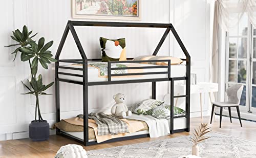 Tidyard Twin Over Twin House Bunk Bed with Built-in Ladder,Black for Bedroom Dorm Guest Room Home Furniture