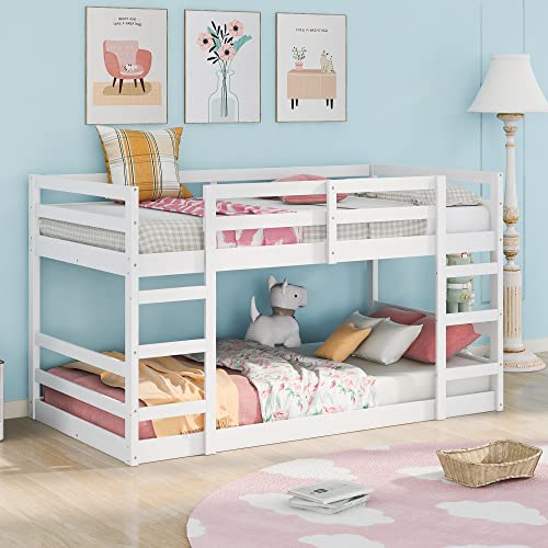 Tidyard Twin Over Twin Bunk Bed with Ladder, Wooden Bed White for Bedroom Dorm Guest Room Home Furniture